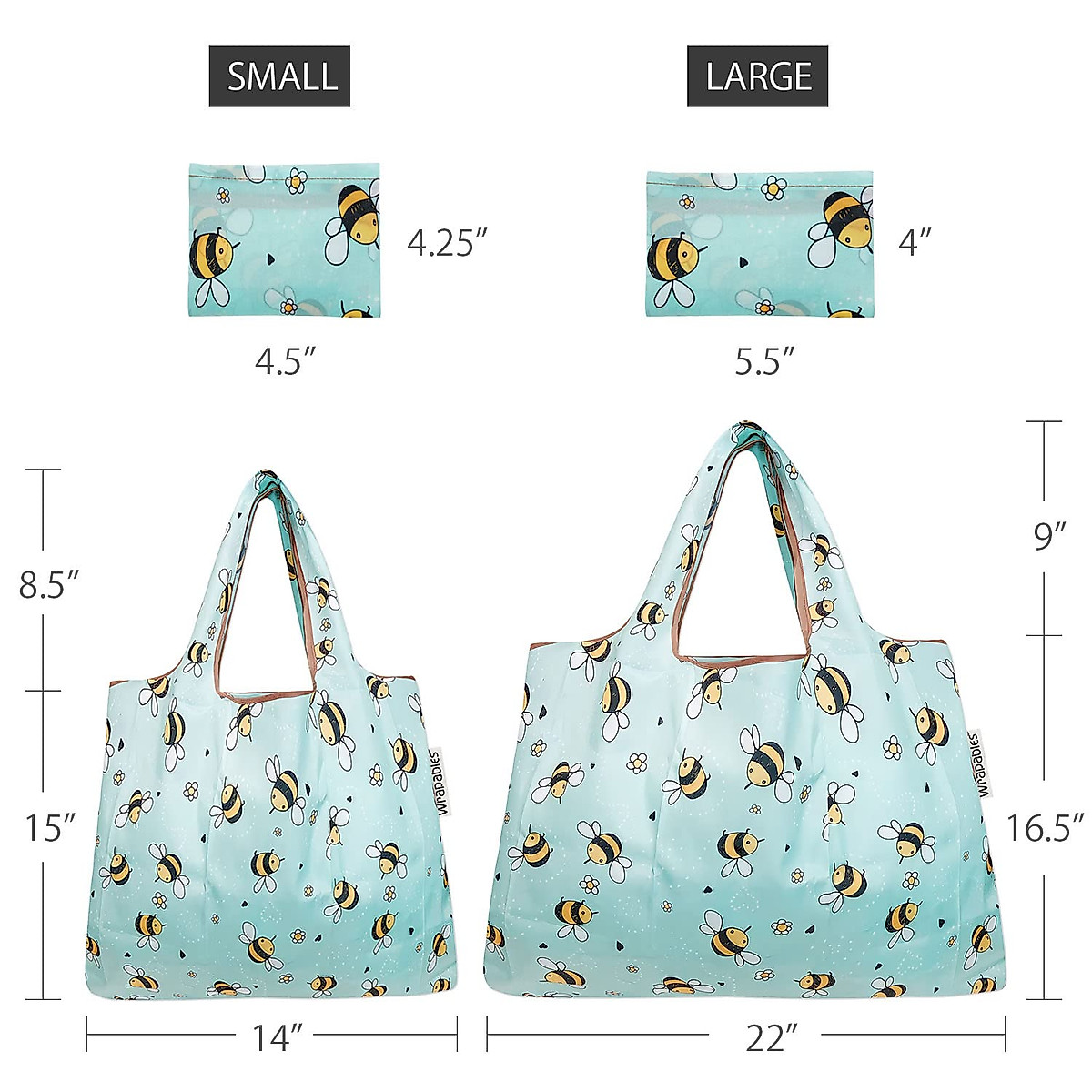allydrew Large & Small Foldable Tote Nylon Reusable Grocery Bags, Set of 2, Bumble Bees