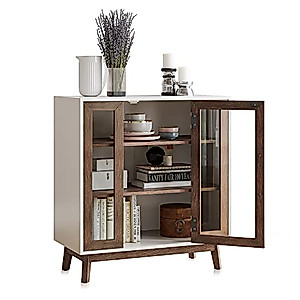 BELLEZE Sideboard Buffet Cabinet, Modern Curio Cabinet 3-Tiers Console Table for Kitchen Glass Display Cabinet Storage/Pantry Cabinet Coffee Bar for Living Room Bedroom Entryway, Brown