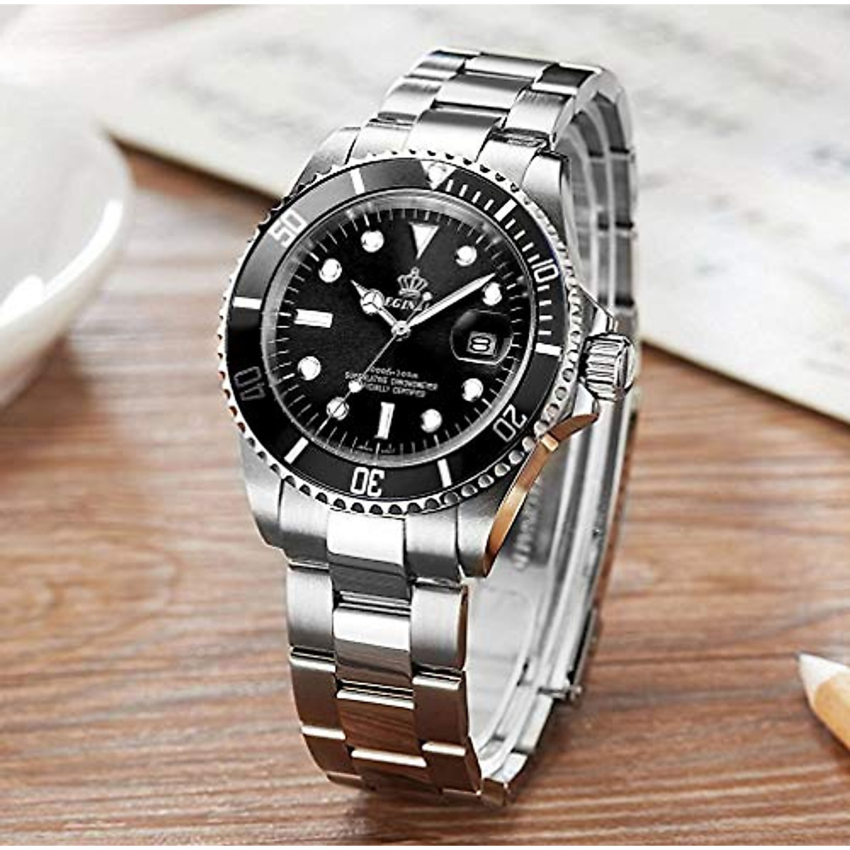 Reginald Men's Watch Luminous Quartz Rotatable Bezel Sapphire Glass Silver Stainless Steel Band and Case Waterproof Sports Black Watch