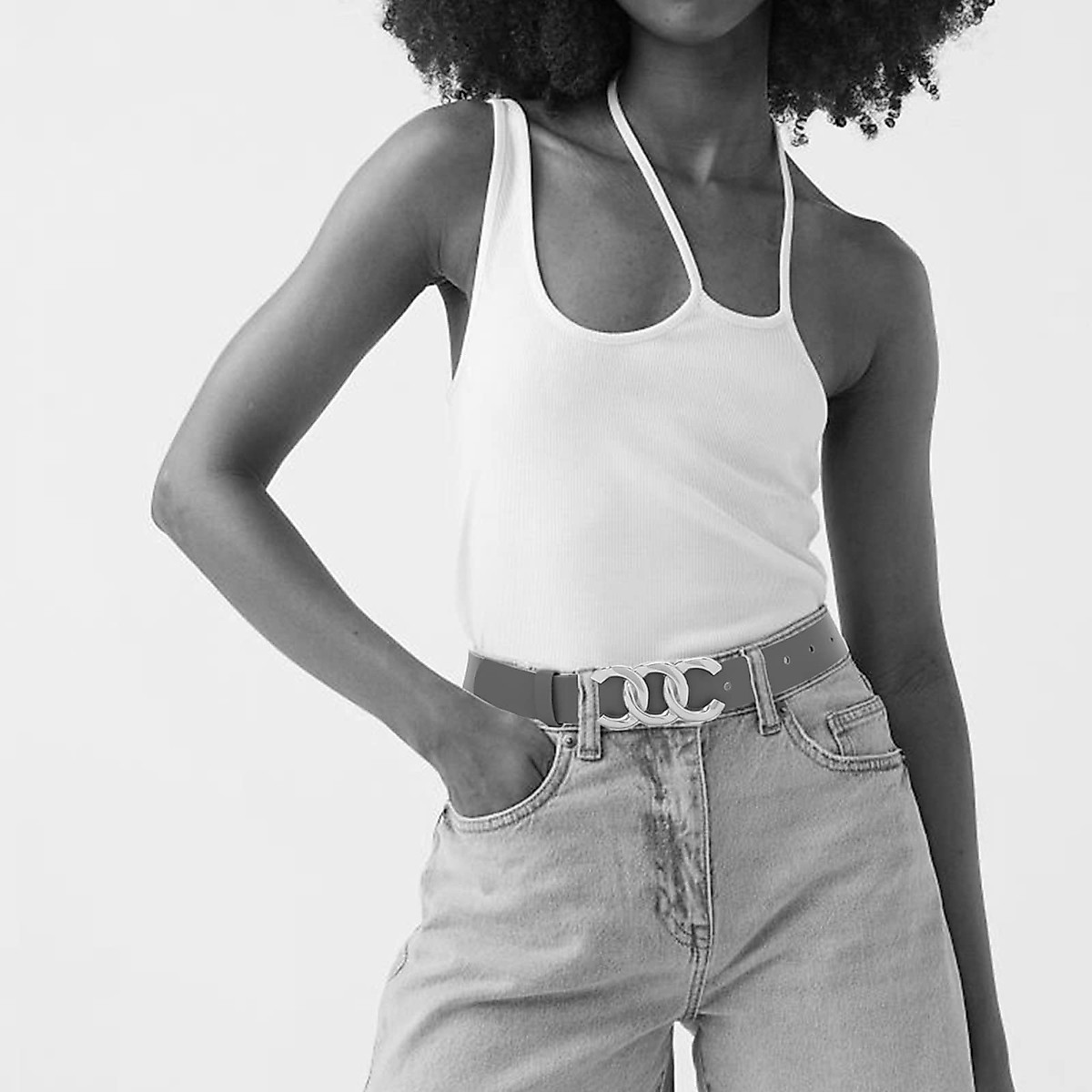 Pettata Women Belt for Jeans Dress Cinch Waist Belt for Ladies Beige Faux Leather Belt with Gold Buckle