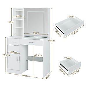 Logimiz Vanity Desk with Mirror and Lights-3 Colors and Brightness Adjustable, Girls Makeup Vanity with Hiding Shelves, White Vanity Set with Cabinets, Drawers and Cushioned Stool