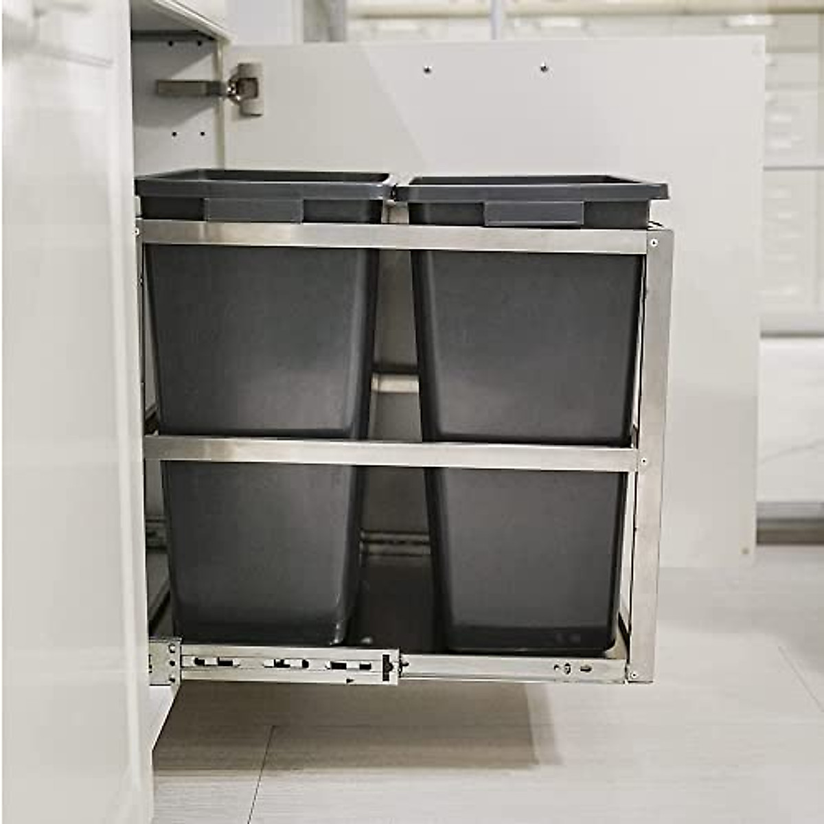 Anbuy 30 Liter / 8 Gallon Dual Under Counter Kitchen Cabinet Pull-Out Trash Can, Double Compartment Under Sink Sliding Pull Out Waste Container Bin Trash Cans, Under Cabinet Slide Out Dual Cans