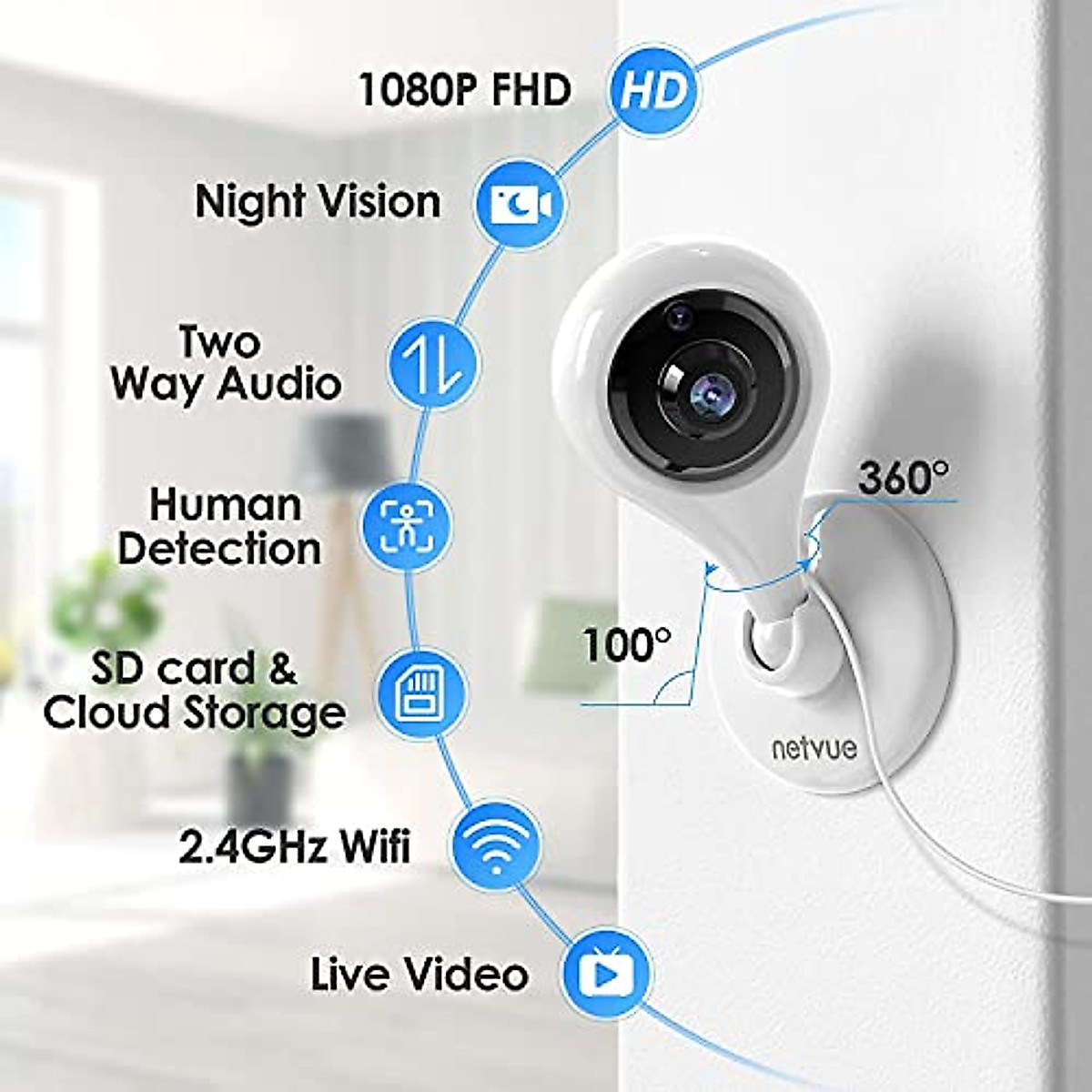 NETVUE Indoor Camera - Baby Monitor with Camera and Audio, 2-Way Real-time1080p Night Vision, Advanced AI Motion Detection, Home Security Camera for Baby Nanny Elderly and Pet Monitor, Work with Alexa