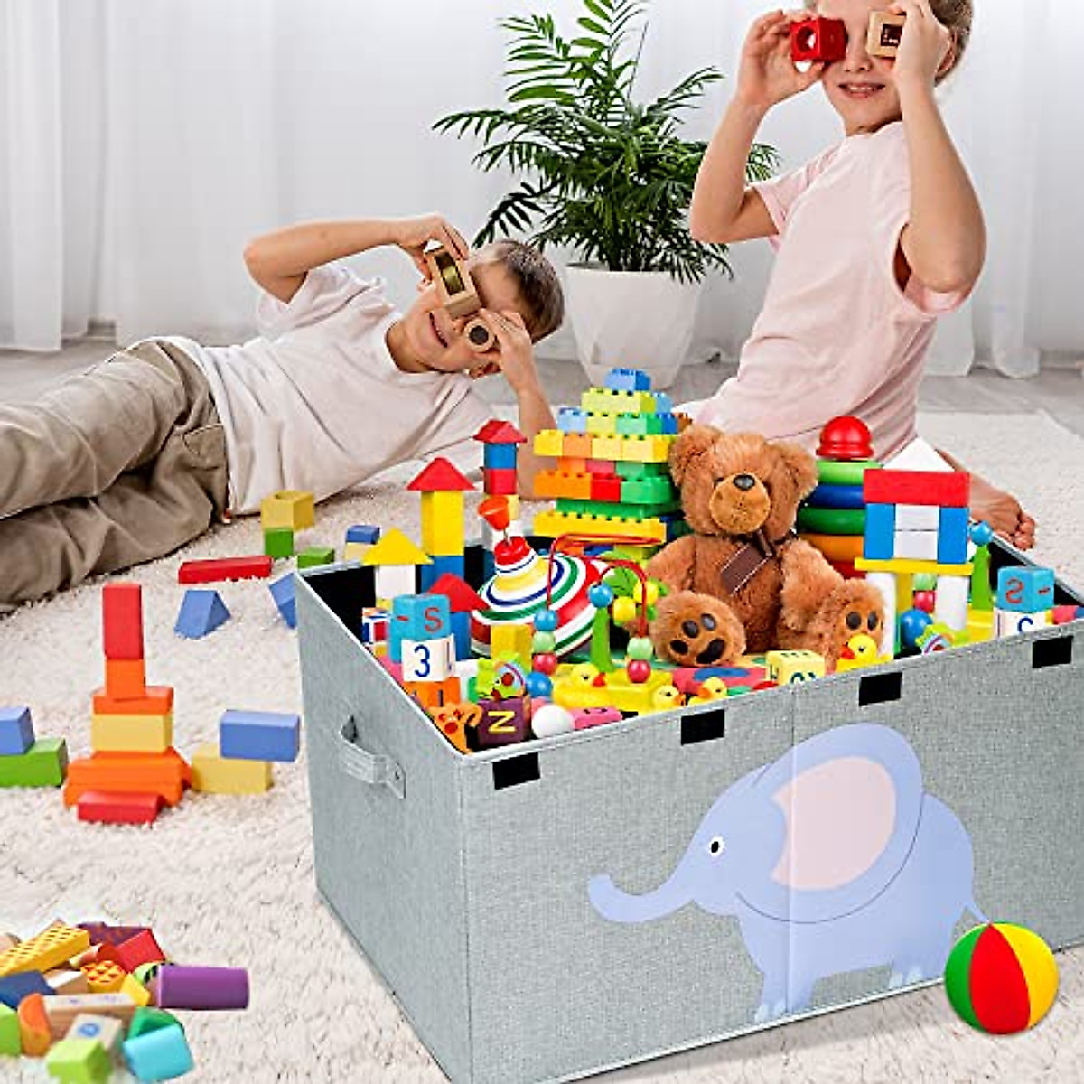DECOSIS Collapsible Toy Storage Box with Animal Pattern, 86L Large Capacity Fabric Toy Box, Half Flap Design, Sturdy Toy Box for Girls and Boys, Playroom, Living Room, Bedroom (Elephant)