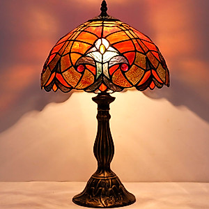 WERFACTORY Tiffany Lamp Red Liaison Stained Glass Table Lamp Desk Bedside Reading Light 12X12X18 Inches Decor Bedroom Living Room Home Office S160R Series