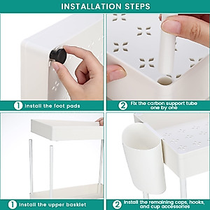 Qucover Under Sink Organizer 2 Pack White, Different Width 2 Tier Bathroom Cabinet Organizers and Storage, Waterproof Rust-proof ABS Plastic Kitchen Sink Organizer with Hanging Cups and Hooks