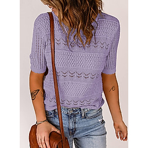Dokotoo Womens Cute Tops Spring Summer Clothes Short Sleeve Sweater for Women Tops Dressy Casual T Shirts Blouses Business Casual Outfits Pullover Lightweight Purple Sweaters for Women's Clothing L