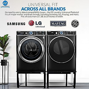 EZ Laundry | Upgraded 29” Universal Pedestal – 700lbs Capacity, Raises 16” with Built-in Drain Pan + Hose, Adjustable Feet, Anti-Vibration, Steel & Storage Shelf for Washer & Dryer (Black)
