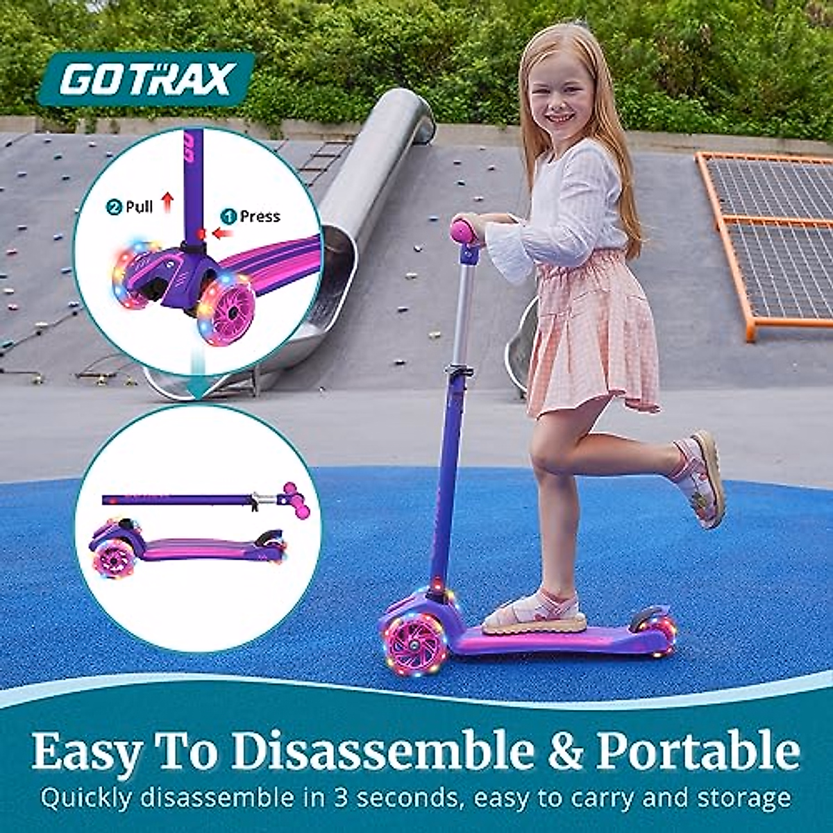 Gotrax KS1 Kids Kick Scooter, LED Lighted Wheels and 3 Adjustable Height Handlebars, Lean-to-Steer & Widen Anti-Slip Deck, 3 Wheel Scooter for Boys & Girls Ages 2-8 and up to 100 Lbs (Purple)