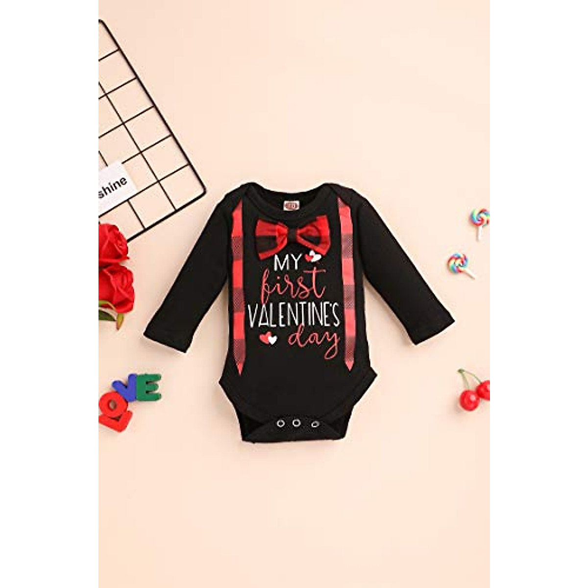 Baby Girl Boy Valentine Clothes My First Valentine’s Day Romper Top Cute Pant Newborn Infant 2Pcs Outfit (black, 3-6M)