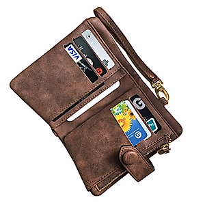 AOXONEL Women's Small Bifold Leather wallet Rfid blocking Ladies Wristlet with Card holder id window Coin Purse (Brown)