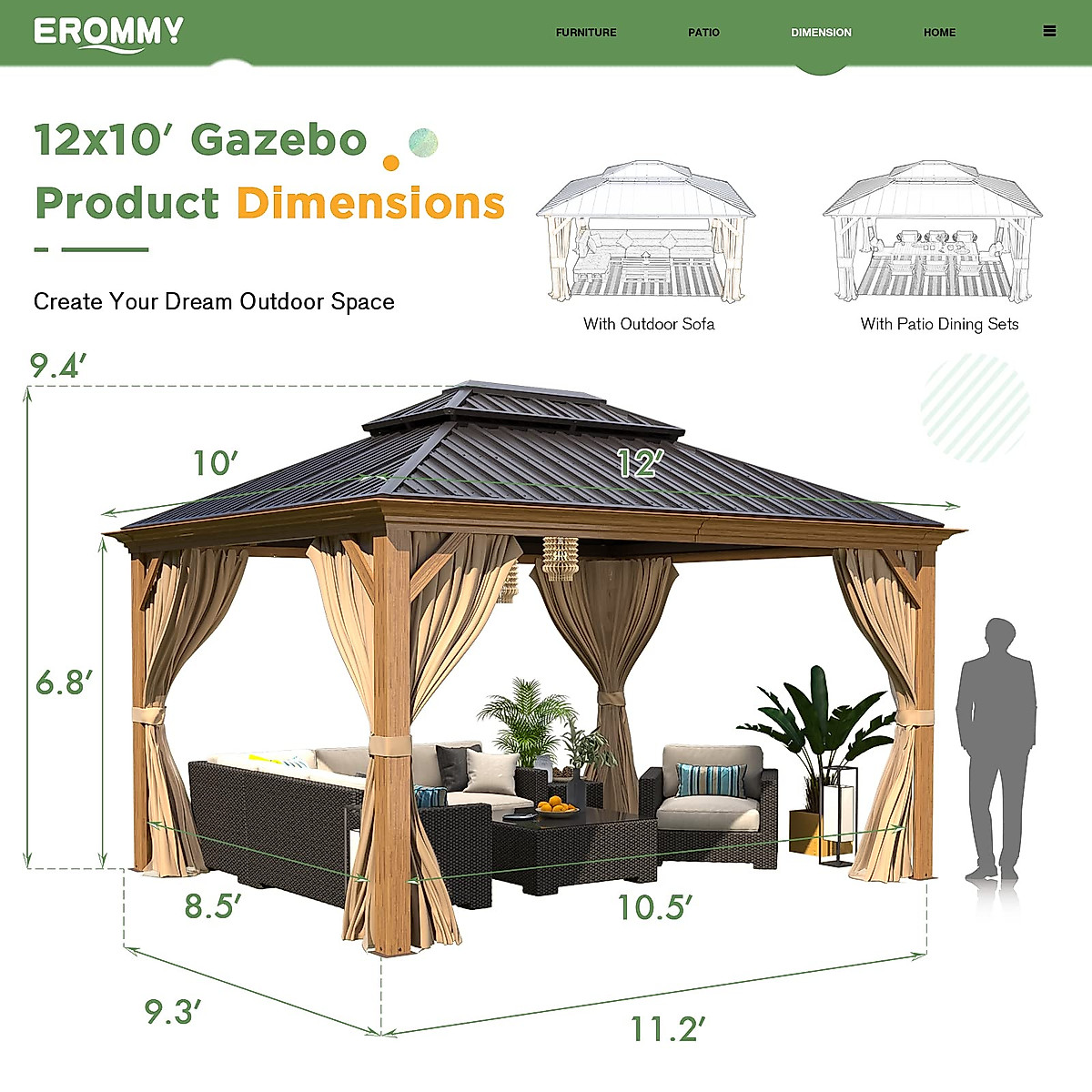 EROMMY 10'x12' Gazebo, Wood Grain Aluminum Frame Canopy with Double Galvanized Steel Hardtop Roof, Outdoor Permanent Metal Pavilion with Curtains and Nettings for Patio, Backyard and Deck