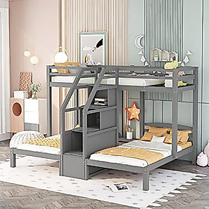VilroCaz Twin Size Triple Bunk Bed with Built-in Staircase and Storage Drawer, Solid Wood Bunk Bed Frame with Safety Full-Length Guardrail for 3, Bedroom Guest Room Home Furniture (Gray)