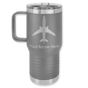 20oz Vacuum Insulated Travel Mug with Handle, Jet Airplane, Personalized Engraving Included (Gray)