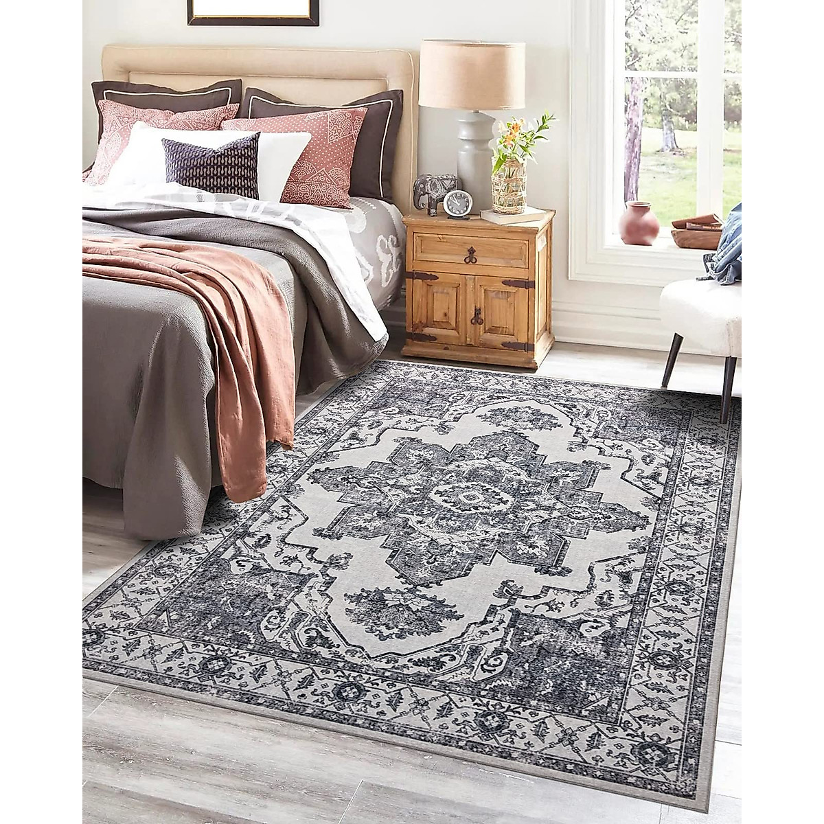 Oriannal 5x7ft Washable Area Rugs Boho Gray +2 PCS Kitchen Rugs Non-Slip 17 X30/17X47 Inch Gray and White