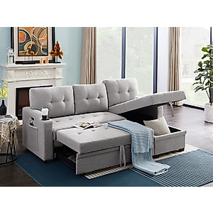 Lilola Home Mabel Light Gray Linen Fabric Sleeper Sectional with cupholder, USB Charging Port and Pocket