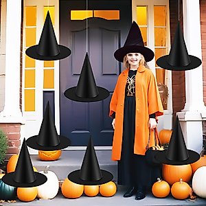 8Pcs Halloween Black Witches Hats Costume Accessory Decorations, Floating Porch Indoor Outdoor Hocus Pocus Decor Party Supplies,Wizard Hats for Women Men with Hanging Rope
