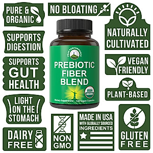 USDA Organic 3-in-1 Prebiotic Fiber - Vegan Capsules for Gut, Digestive Health. Raw Whole Food Plant Based Prebiotics Pills Supplement with Inulin (Jerusalem Artichoke), Acacia Fibers, SunFiber
