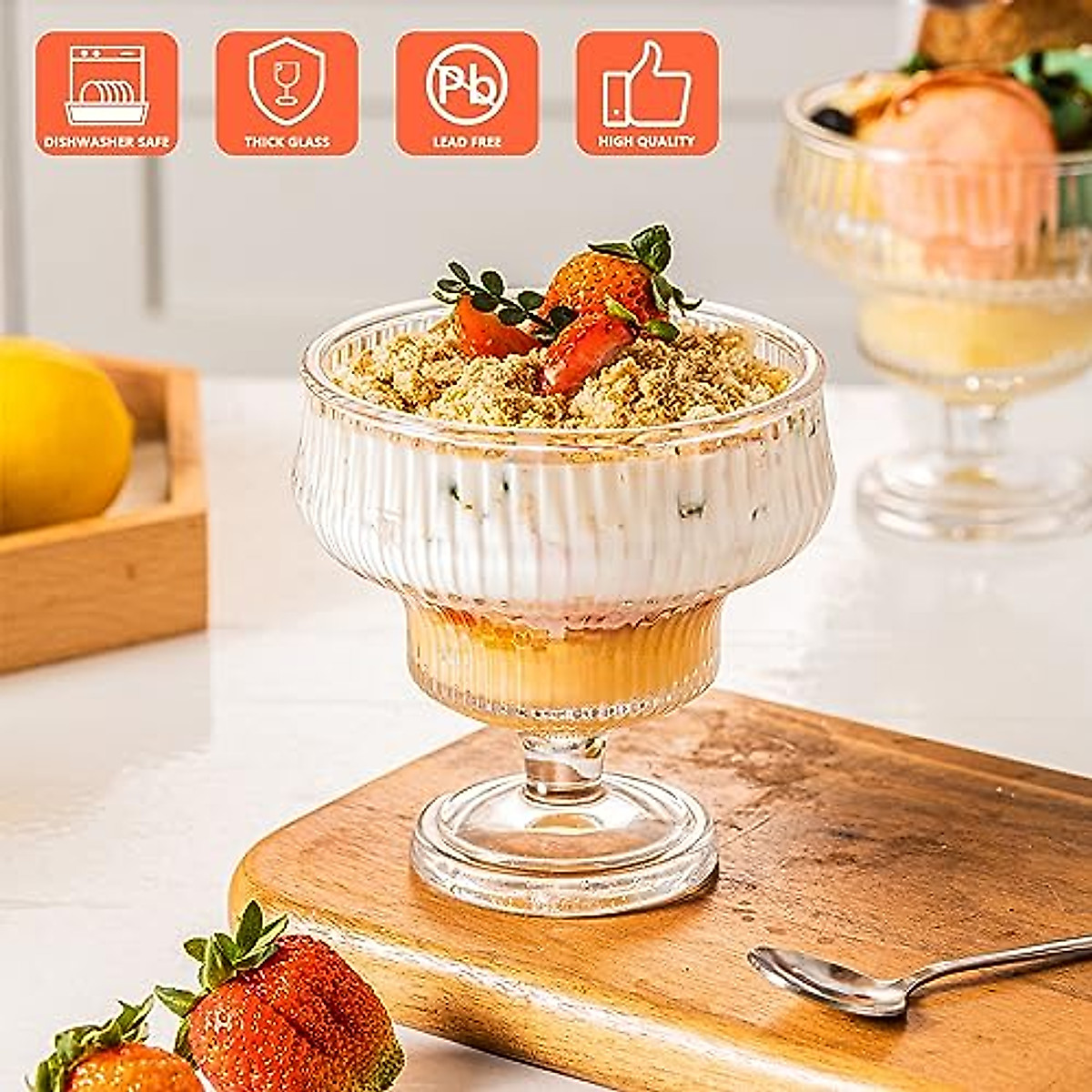 INSETLAN Ice Cream Sundae Glass Bowl Set of 4, Clear Stripes Footed Dessert Bowls 10oz, Glass Dessert Cups Perfect for Sundae, Ice Cream, Fruit, Salad, Cocktail, Trifle