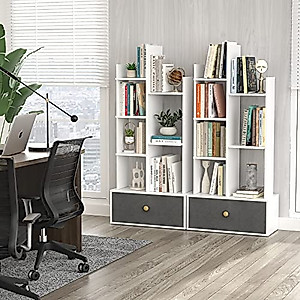 Unikito Bookshelf with Drawer Free Standing Bookcase, Office Storage Shelf Organizer with 7 Open Book Shelves, Industrial Wood Book Case Display Rack for Bedroom, Living Room, Home Office, White