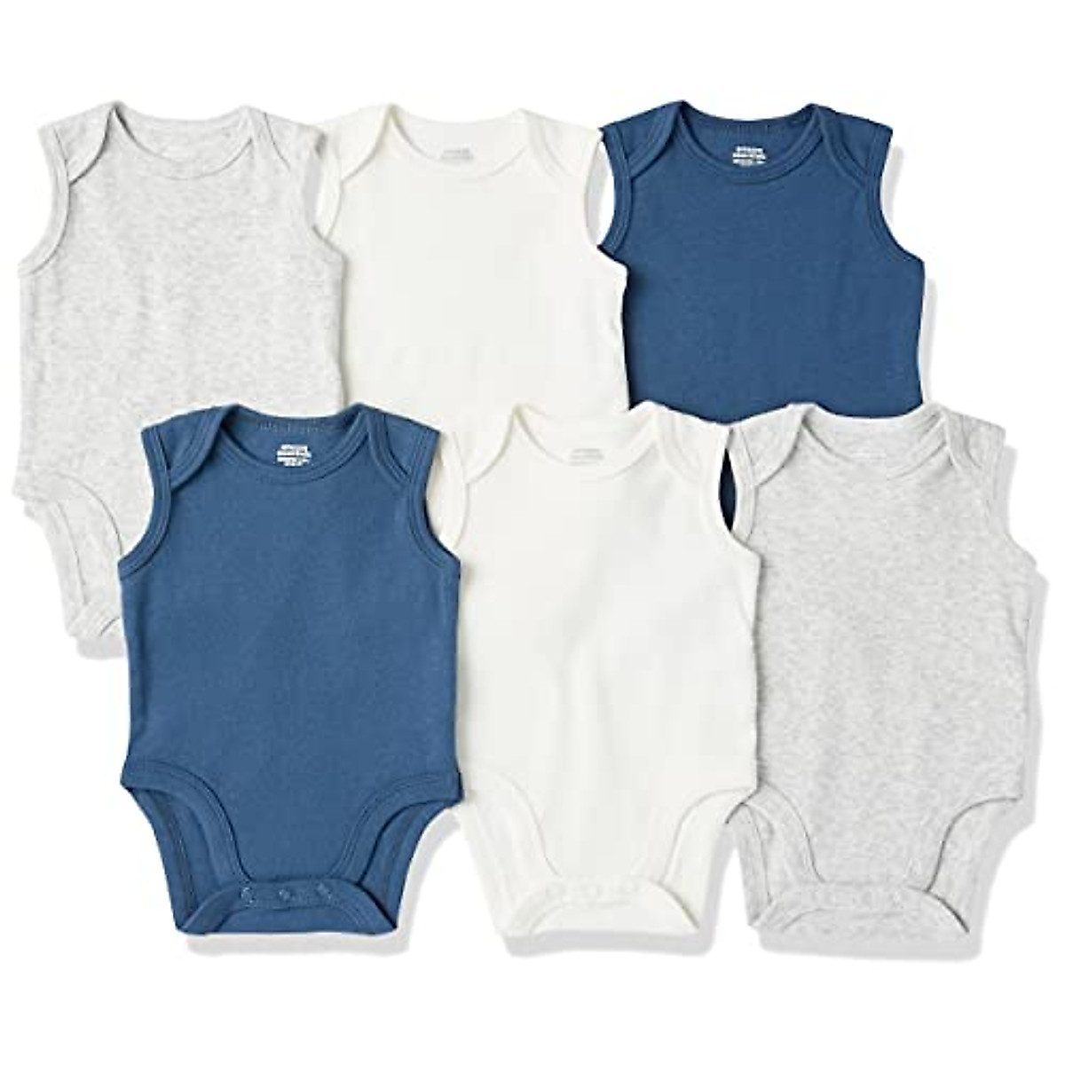 Amazon Essentials Unisex Babies' Sleeveless Bodysuits, Pack of 6, Navy/Grey Heather/White, Newborn