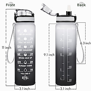 Enerbone 32 oz Water Bottle, Leakproof BPA & Toxic Free, Motivational Water Bottle with Times to Drink and Straw, Fitness Sports Water Bottle with Strap for Office, Gym, Outdoor Sports, Gray-Black