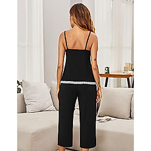 Ekouaer Womens Summer Pajamas Set Capris Pants Sexy Sleepwear Cami Nightwear Pj Set Black XXL