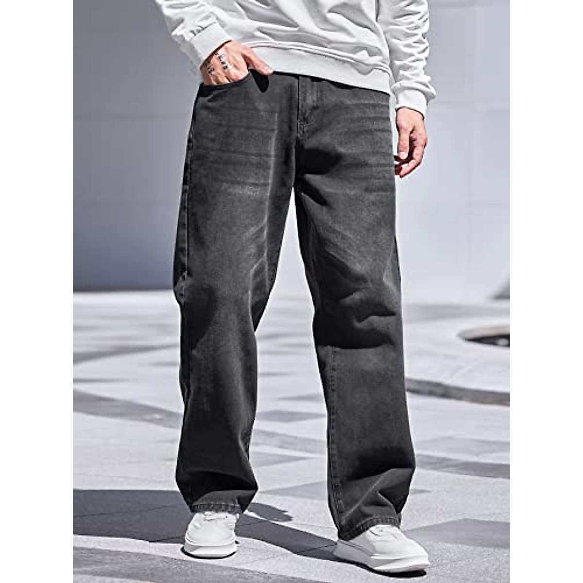 Verdusa Men's High Waist Loose Jeans Baggy Straight Leg Denim Pants Trousers Dark Grey XL