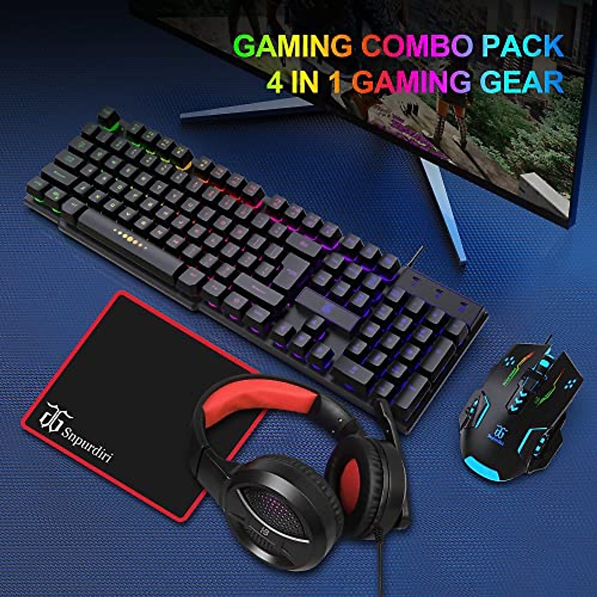 Gaming Keyboard and Mouse,Headphones,Mouse pad，All in One Combo for PC Gamers and Xbox and PS4 Users