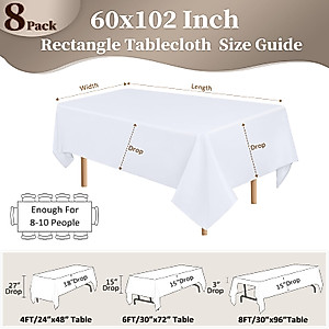8 Pack White Table Cloth 60x102 Inch Rectangle Tablecloths for 6 Foot Rectangle Tables, Wrinkle Resistant Washable Polyester Fabric Rectangular Table Cover for Dining Banquet Wedding Party