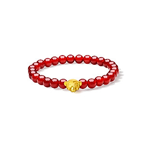ZHOU LIU FU 24K Solid Gold Bracelets for Women, Stretchable Lucky Animals Real Gold Rabbit Bangle Charm Bracelets, Pure Gold Agate Beaded Zodiac Bunny Bracelet