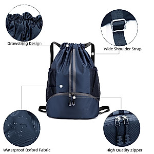 Valleycomfy Sports Drawstring Backpack - Water Resistant String Bag with Side Mesh Pockets Shoe Compartment Gym Backpack for Women & Men Navy Blue