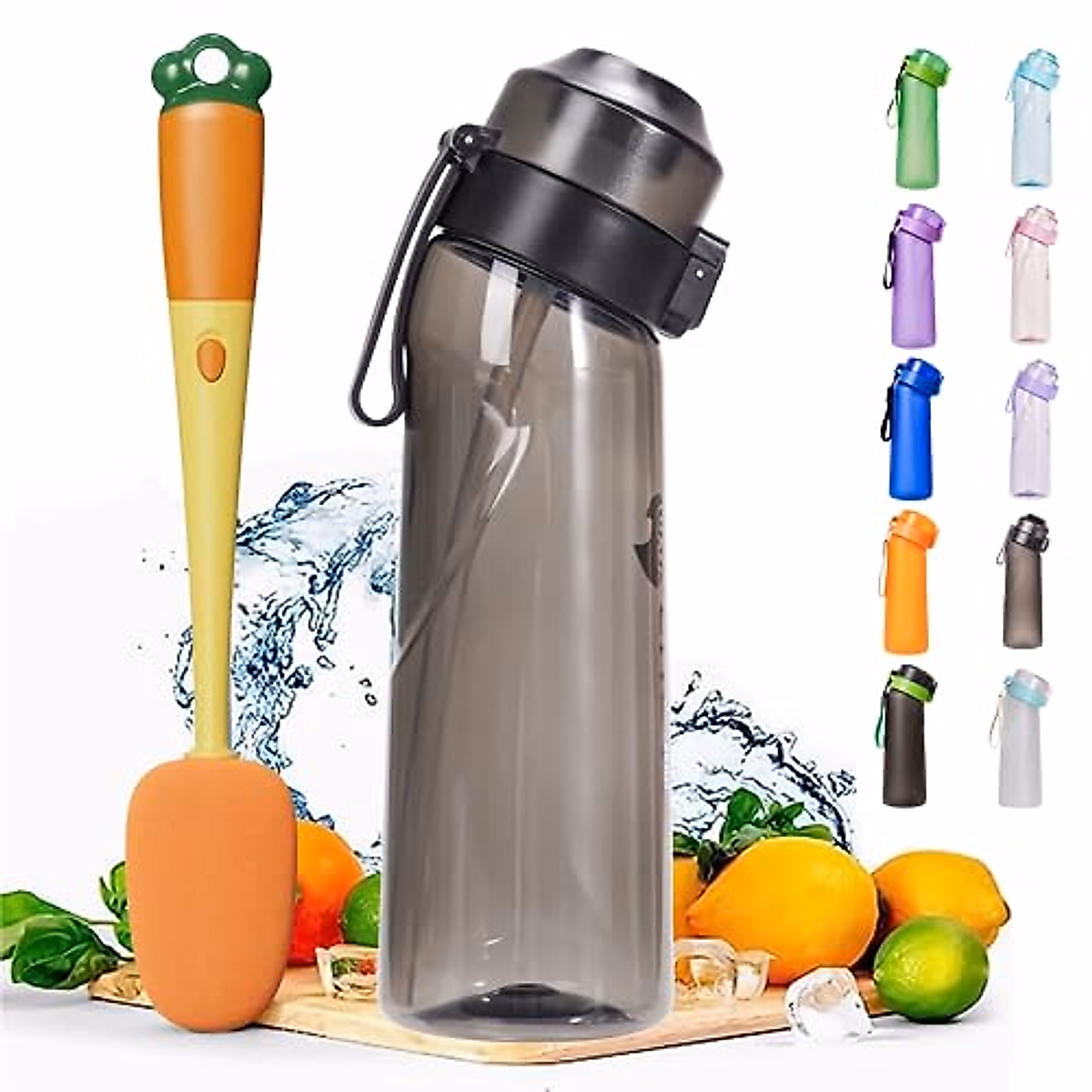 BBAUER Sports A1r Water Bottle BPA Free Starter up Set Drinking Bottles,650ML Fruit Fragrance Water Bottle,with 1 Bottle Brush,0% Sugar Water Cup,for Gym and Outdoor Gift (Black+1 Bottle Brush)
