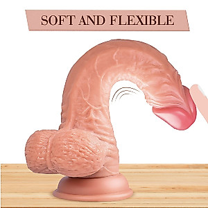 9'' Realistic Dildo Adult Sex Toys, Body-Safe Material Lifelike Huge Penis with Strong Suction Cup for Hands-Free, Flexible Cock with Curved Shaft for G-spot