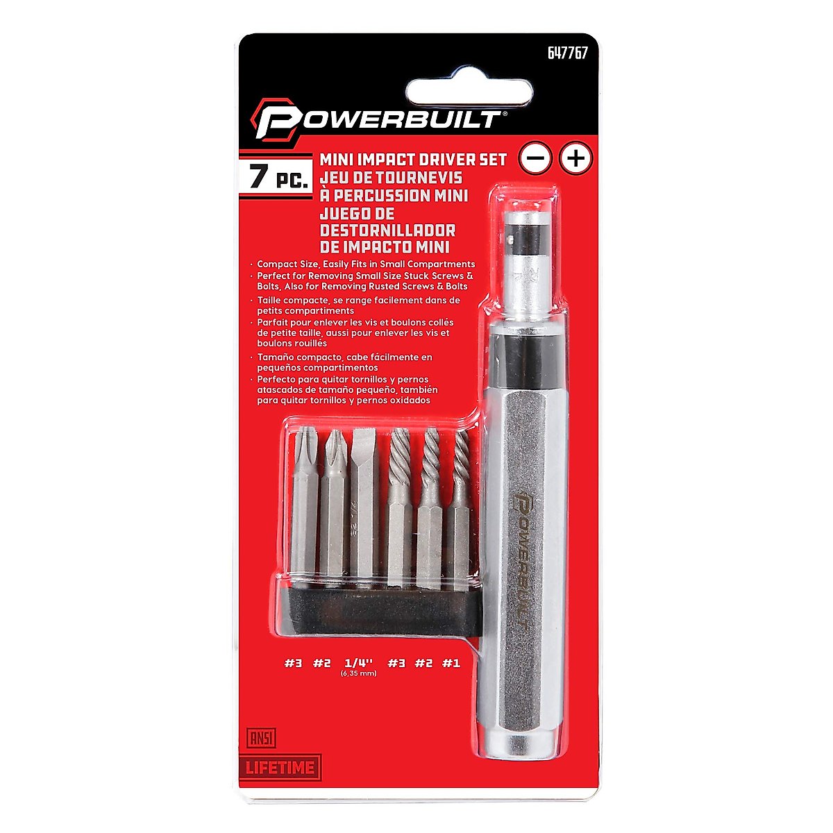Powerbuilt - 7 Pc. Mini Impact Driver & Extractor Set, Hand Tools, Bit Drivers & Bits, Bit Drivers - Multi-In-One (647767), Silver