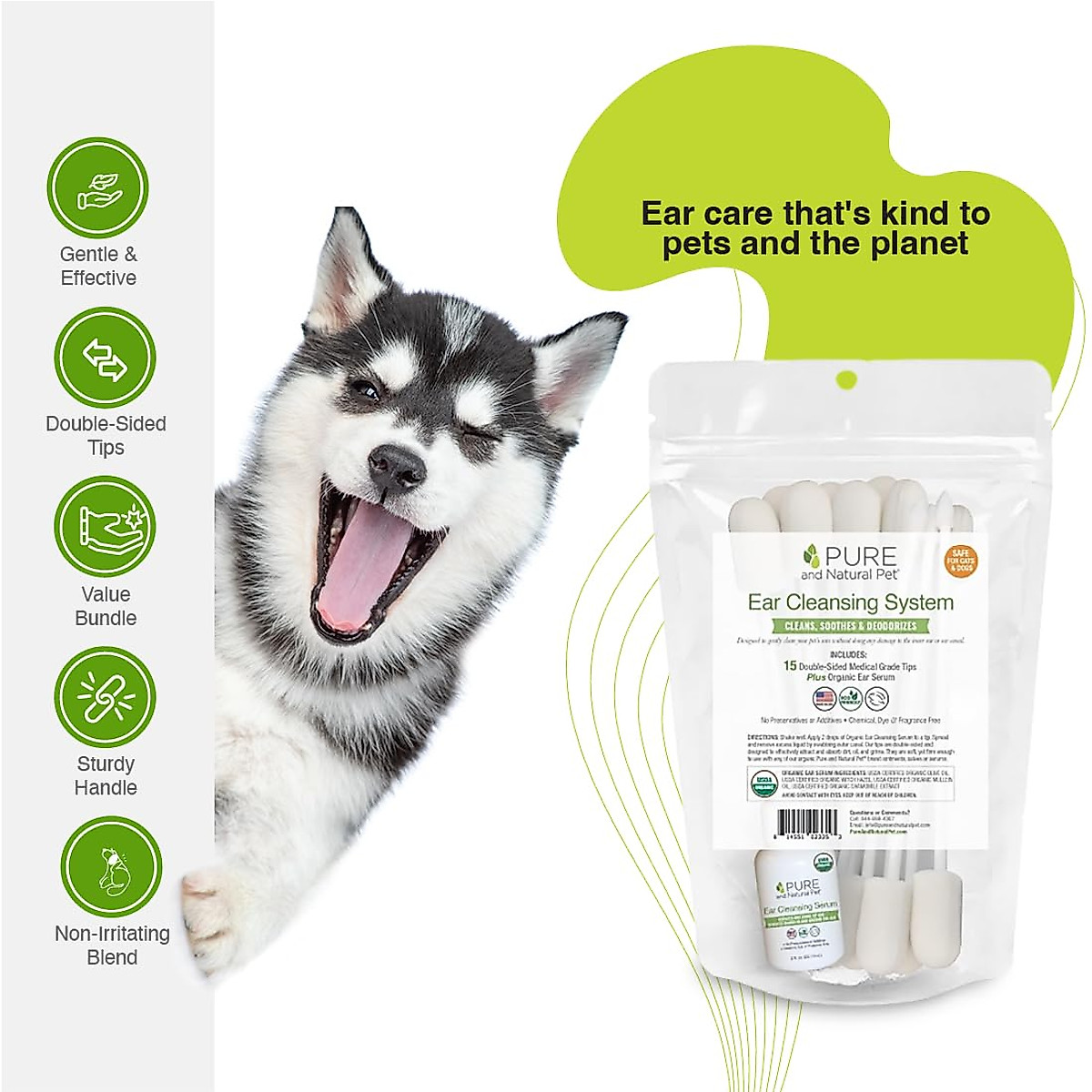 Pure and Natural Pet Canine Ear Cleansing System (2 oz USDA Organic Ear Serum & Medical Grade Double Sided Tips 15 ct)