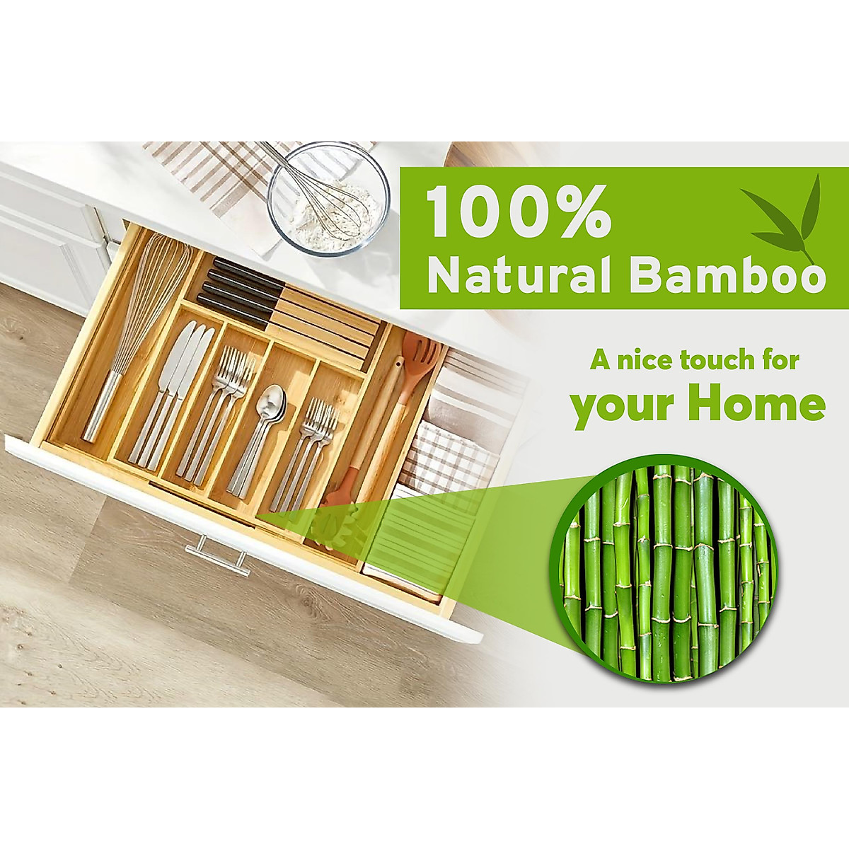 Nature Gear Kitchen Drawer Organizer - 9 Section Expandable Bamboo Storage for Flatware - Housewares - Bath & Vanity - Tool Utility Caddy Adjustable Tray