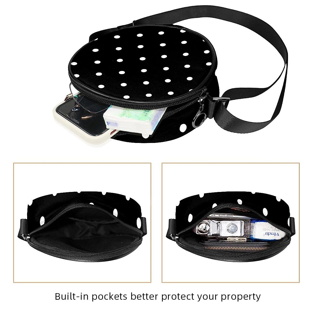 Little White Polka Dots on Black Crossbody Bag for Women Teen Girls Round Canvas Shoulder Bag Purse Tote Handbag Bag