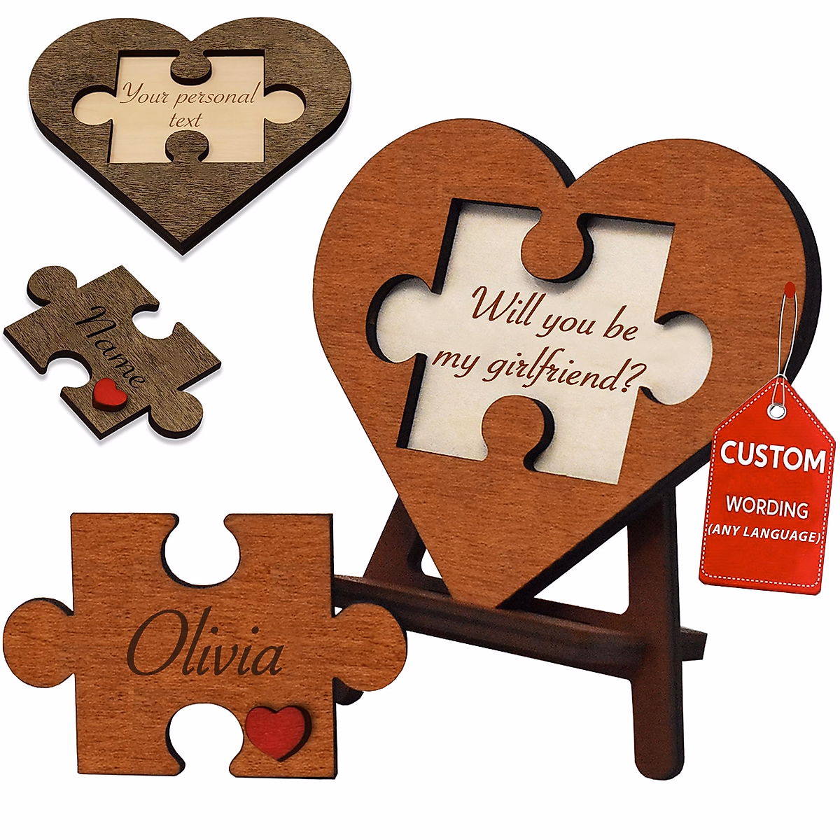 Personalized Will You Be My Girlfriend Sign - Engraved Wood Surprise Relationship Proposal Ideas, Custom Name Missing Piece Puzzle Decorations, Will You Be My Boyfriend Card Wood, Quieres Ser Mi Novia