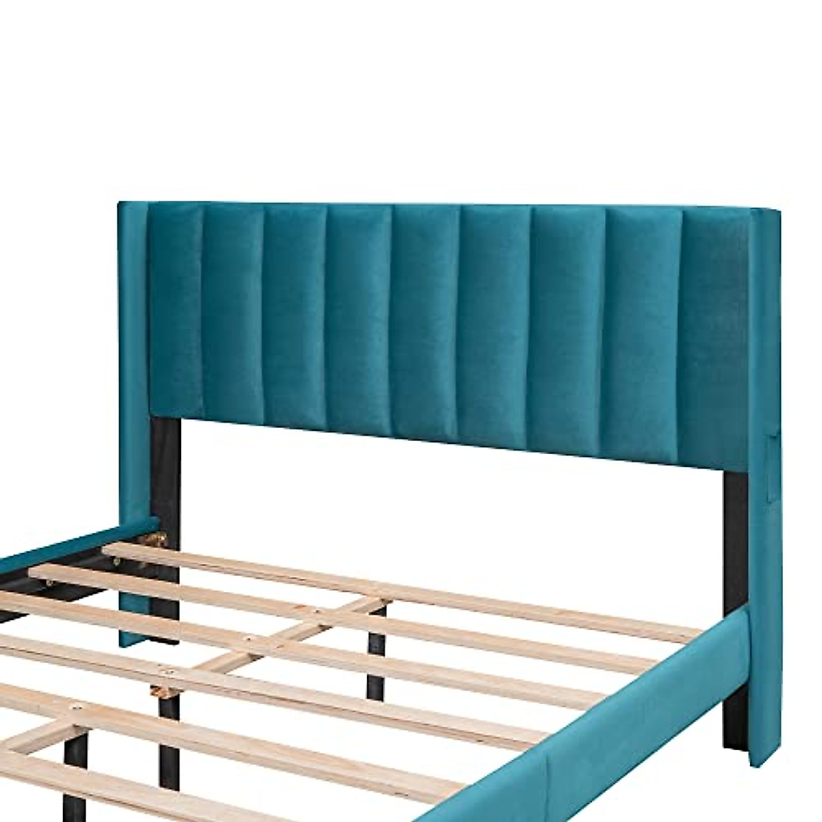 Prohon Queen Bed Frame with Wingback Headboard and A Big Storage Drawers on Endbed, Velvet Upholstered Platform Bed w/Wood Slats Support Mattress Foundation,No Box Spring Needed,Easy to Install,Blue