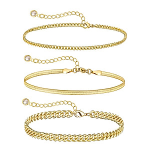 Foxgirl Dainty Gold Bracelets for Women, 14k Gold Plated Layered Bracelets Simple Cute Gold Herringbone Cuban Chain Bracelets for Women Aesthetic Jewelry Gifts