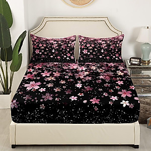 Feelyou Cherry Blossoms Sheet Set Queen Size Kids Sakura Flower Sheets with Deep Pocket Fitted Sheet for Boys Girls Teens Romantic Floral Botanical Bed Sheets Set Pink Black Bedding Set