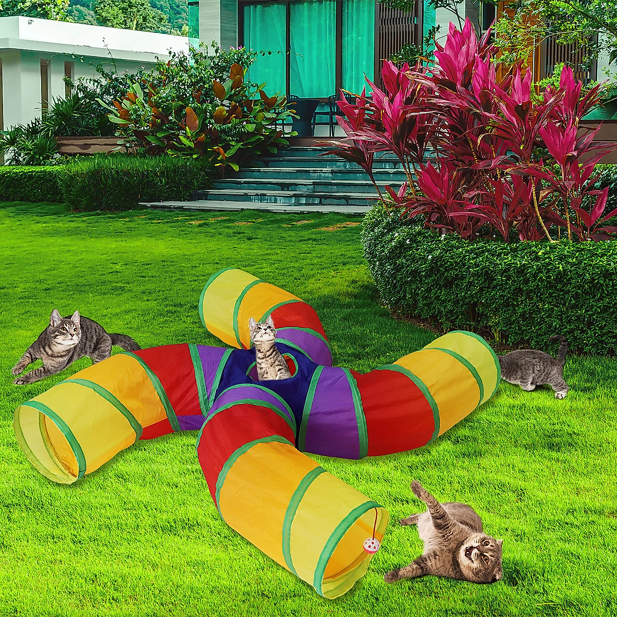 Bemodst Cat Tunnel for Indoor Cats Large,Cat Tubes and Tunnels Collapsible S-Shape Cat Tubes Kitty Tunnels Interactive Cat Toy with Storage Bag for Cat Small Dogs Ferret Rabbit (Colored 4-Way)