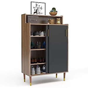 Alohappy Shoe Cabinet, 4-Tier Shoe Rack Storage Organizer with Sliding Doors & Wood Legs, Modern Shoe Storage Cabinet with Opening Shelf for Hallway Entryway Living Room Bathroom (Walnut& Black)