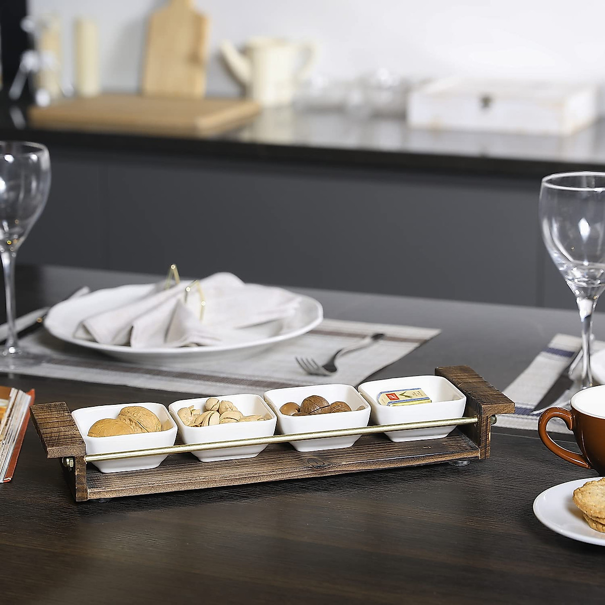 MyGift 5 Piece White Ceramic Small Dip Bowl and Burnt Wood Serving Tray Party Set, Mini Condiment Dipping Bowls for Appetizer, Soy Sauce, BBQ