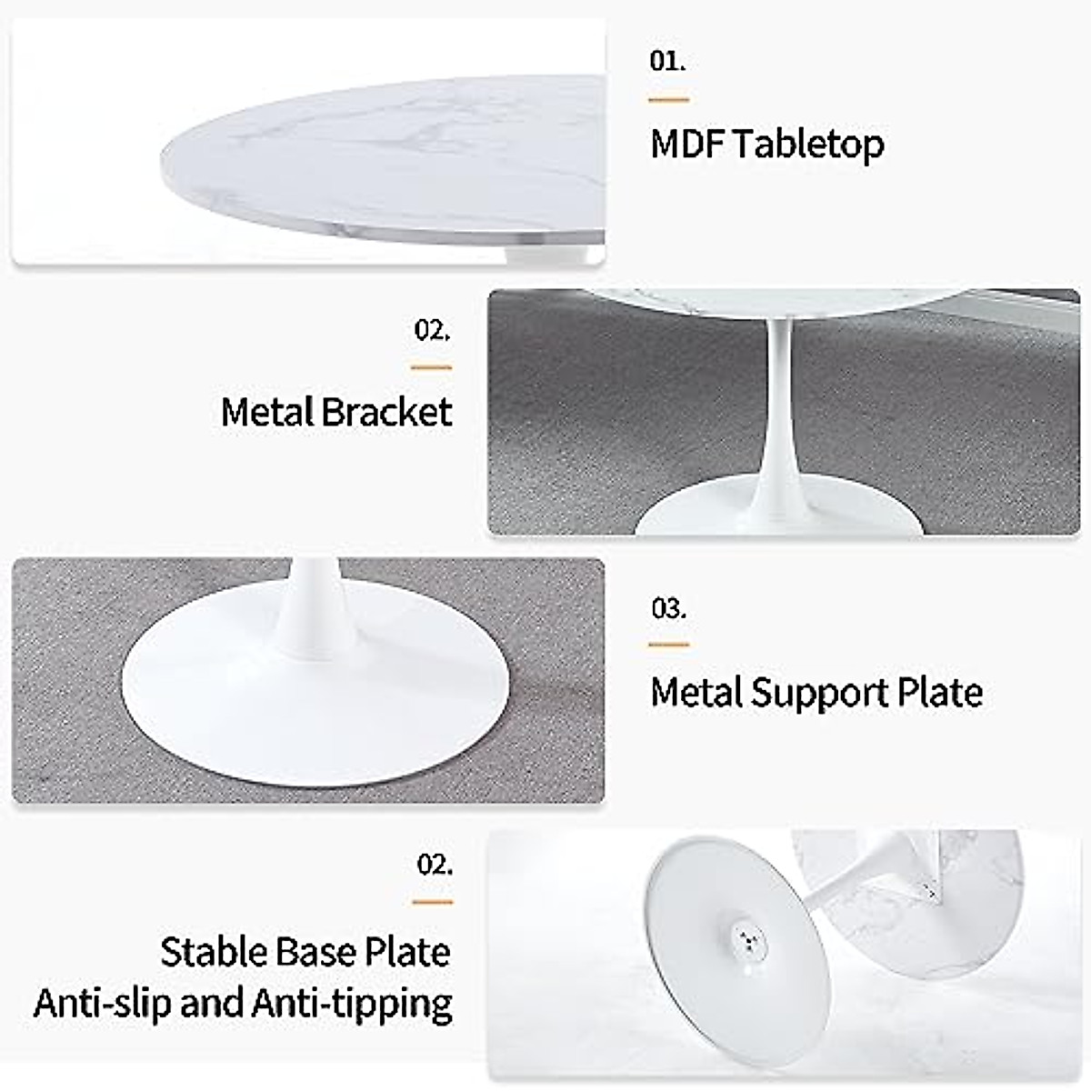 ANDORON Round Dining Table, 32 Inches Kitchen Tulip Table for 2-4 People with MDF Top and Metal Base, Modern Small Space Room Circle Table, End Table Leisure Coffee Side Table (White, 42" - Marble)
