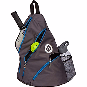 BESTA Premium Pickleball Bag. Padded Sling Bag with 3 Compartments, Water Bottle Holder and Adjustable Strap that Switches Sides. Holds Several Paddles, Balls and More. (Gray with Blue Trim)