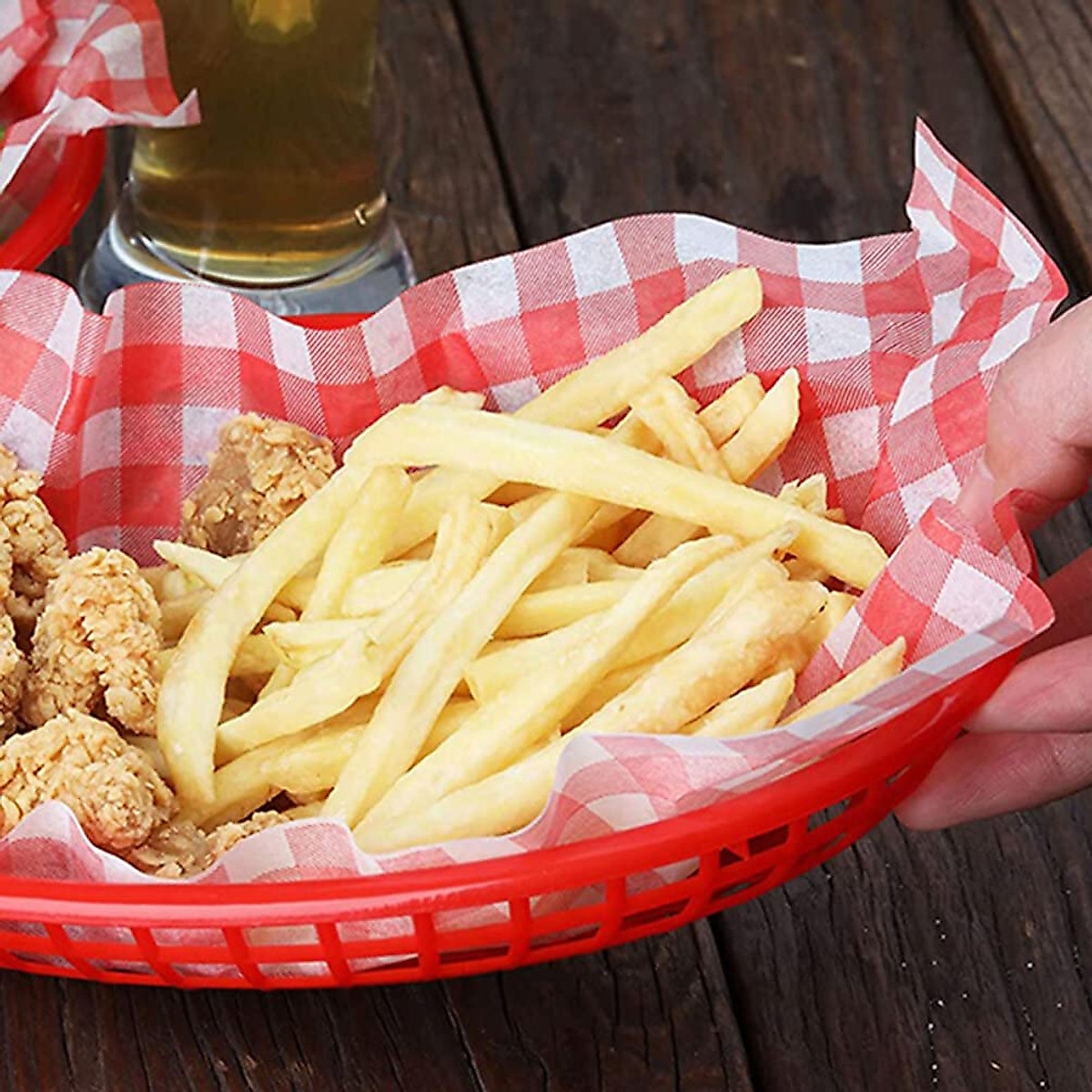 Luxshiny 6pcs Fast Food Baskets Plastic Oval Food Serving Tray Reusable Bread Fry Basket Burgers Storage Plates Fruit Baskets for Hot Dogs Sandwiches Chip Barbecues Picnics Red