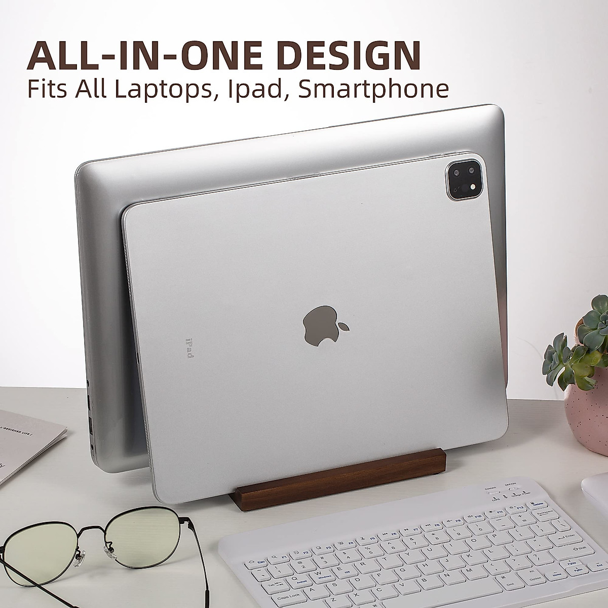 Vertical Laptop Stand Wood, Wooden Adjustable Laptop Holder, Walnut, 2 Slot, Double, Upright Laptop Holder for Desk, MacBook Stand, Laptop Dock, Desktop Organizer, Fits MacBook, Other Laptops, Phone