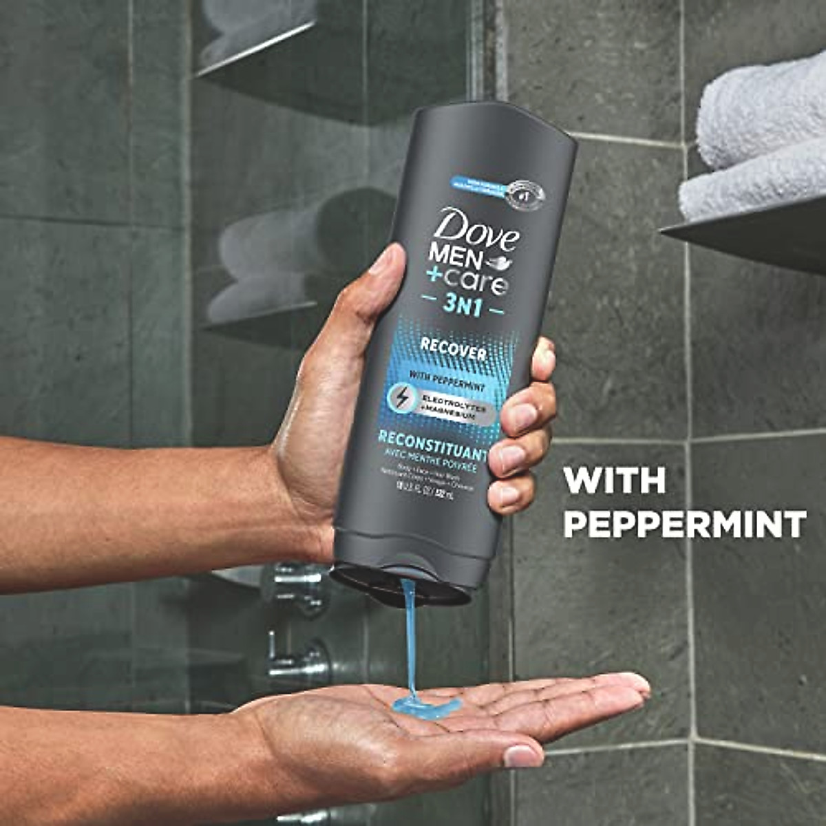 DOVE MEN + CARE Post-Workout 3-IN-1 (Body + Face + Hair Wash) With Peppermint 4 Count Infused with Electrolytes + Magnesium 18 oz